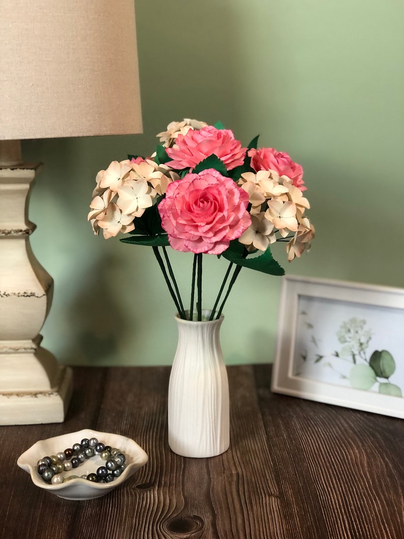 Hand Painted Hydrangea & Rose Paper Flower Bouquet, Pink and Cream Fake ...