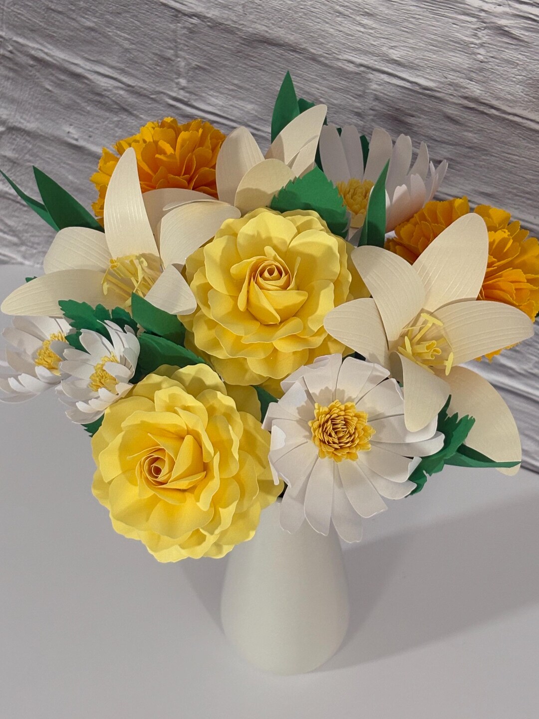 Ivory Lilies & Yellow Rose Paper Flower Bouquet – Ready to Ship Faux ...