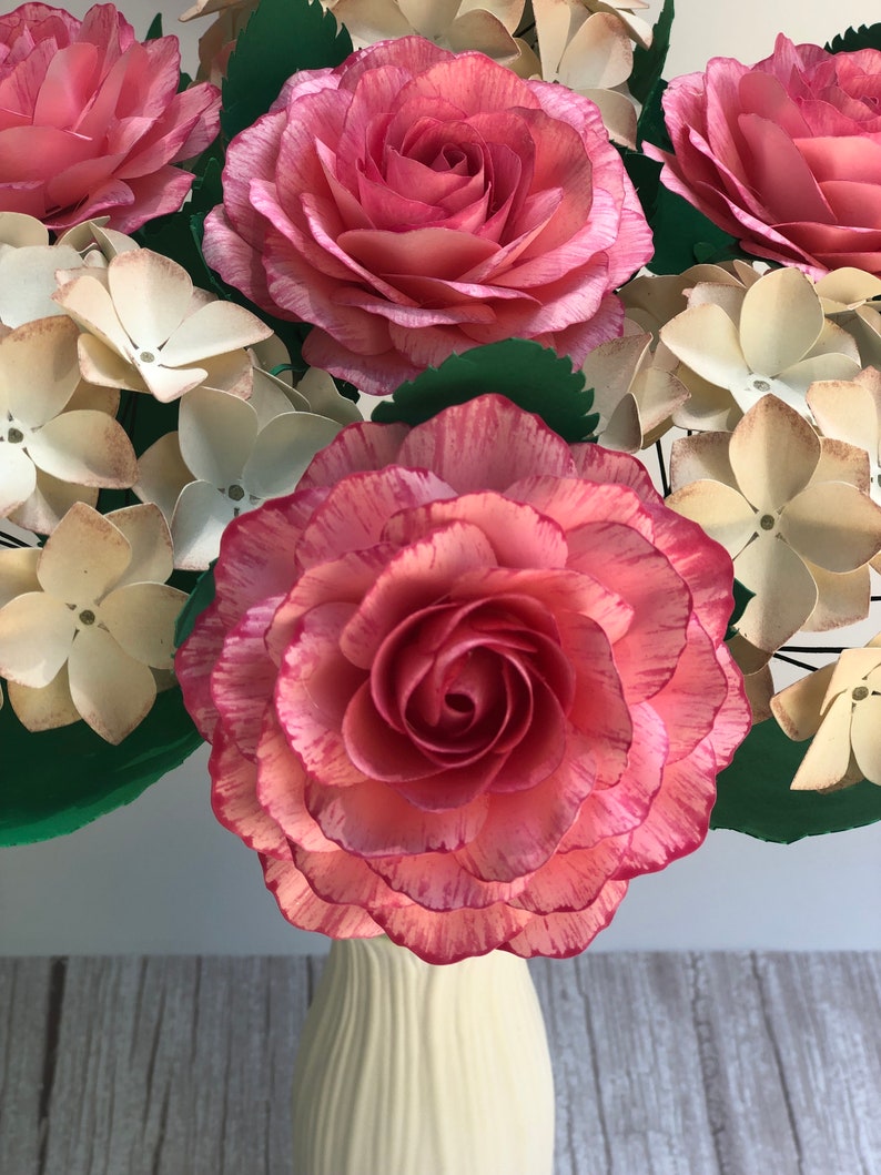 Hand Painted Hydrangea & Rose Paper Flower Bouquet, Pink and Cream Fake ...