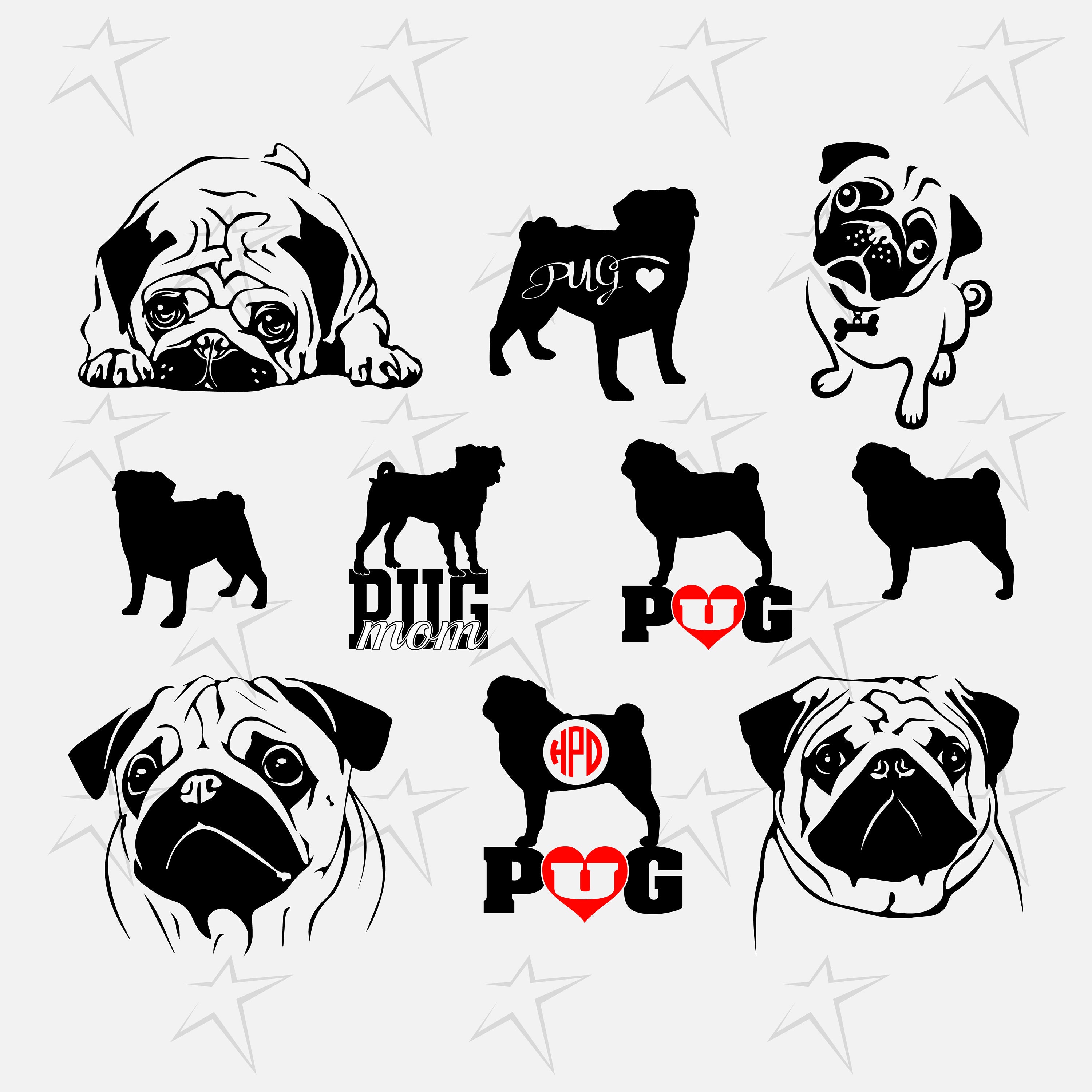 Pug Pug Silhouette SVG PNG DXF. Instant download files for | Etsy