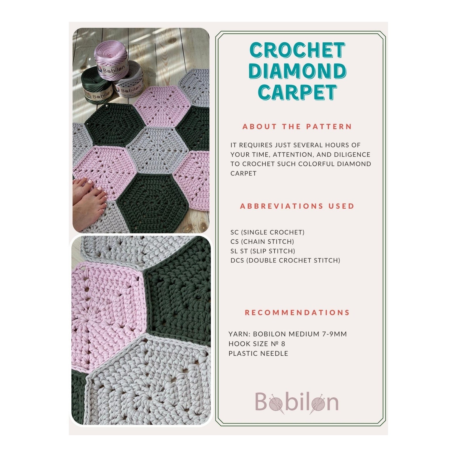 Crochet PDF Pattern Diamond Carpet, T Shirt Yarn Beginner Crochet ...