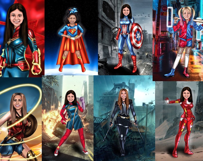 Custom Superhero Caricature: Personalized Hero Portrait Illustration ...