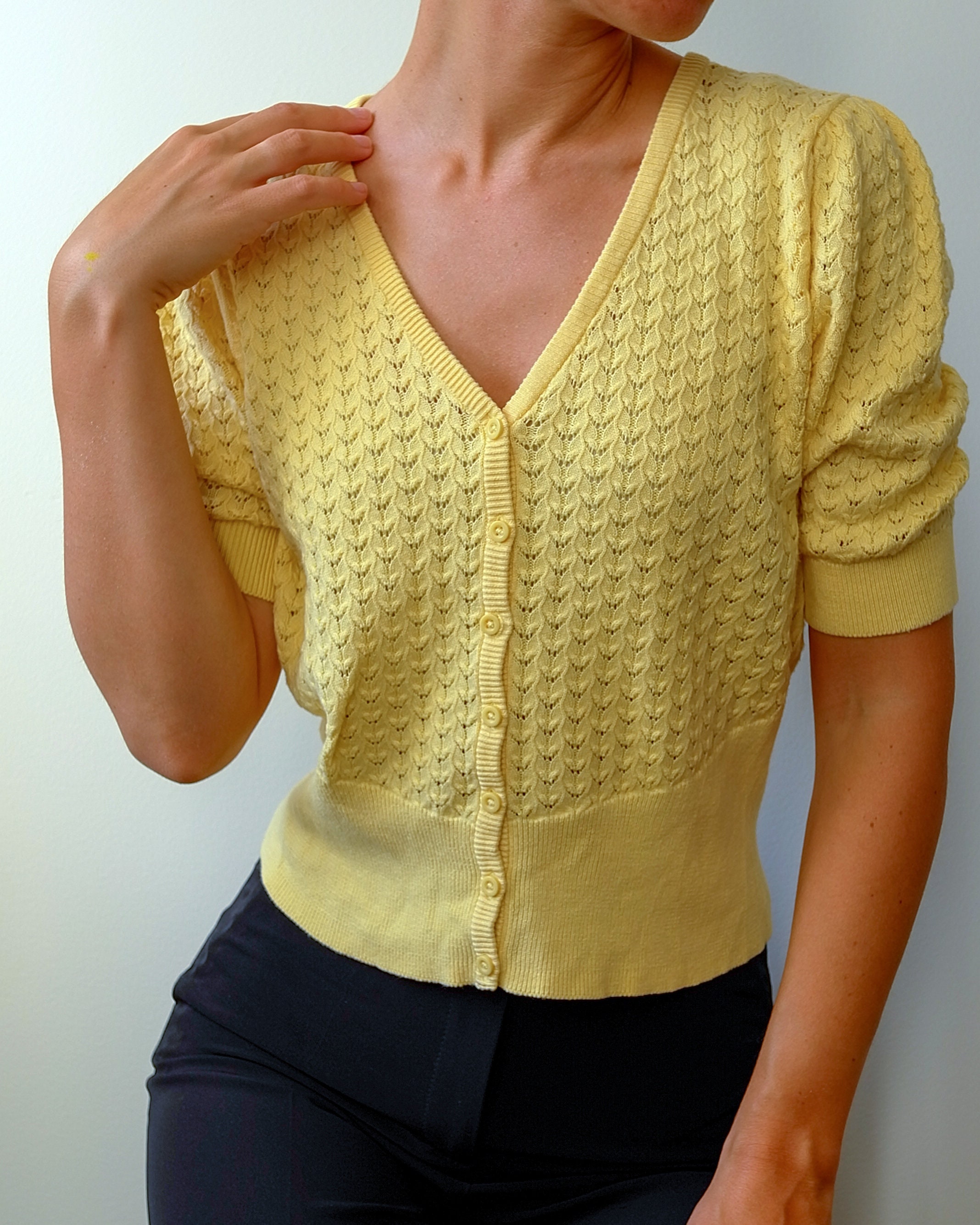 Vintage Cotton Elegant Textured Yellow Cardigan - Women Sustainable ...