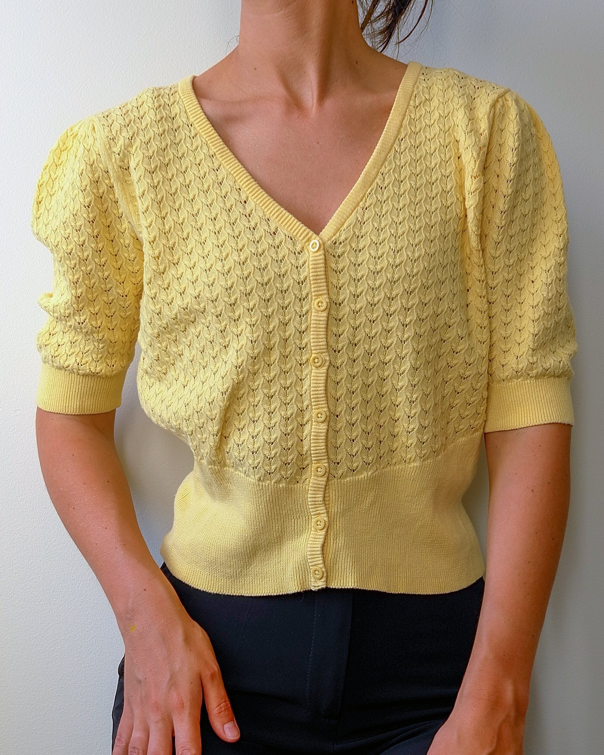 Vintage Cotton Elegant Textured Yellow Cardigan - Women Sustainable ...