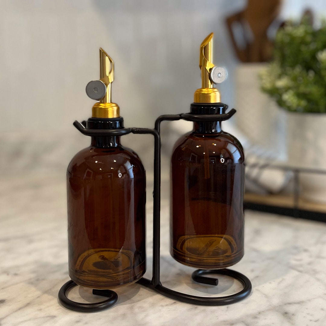 Amber Cruet Set With Black Stand Apothecary Glass Oil & Vinegar Set ...