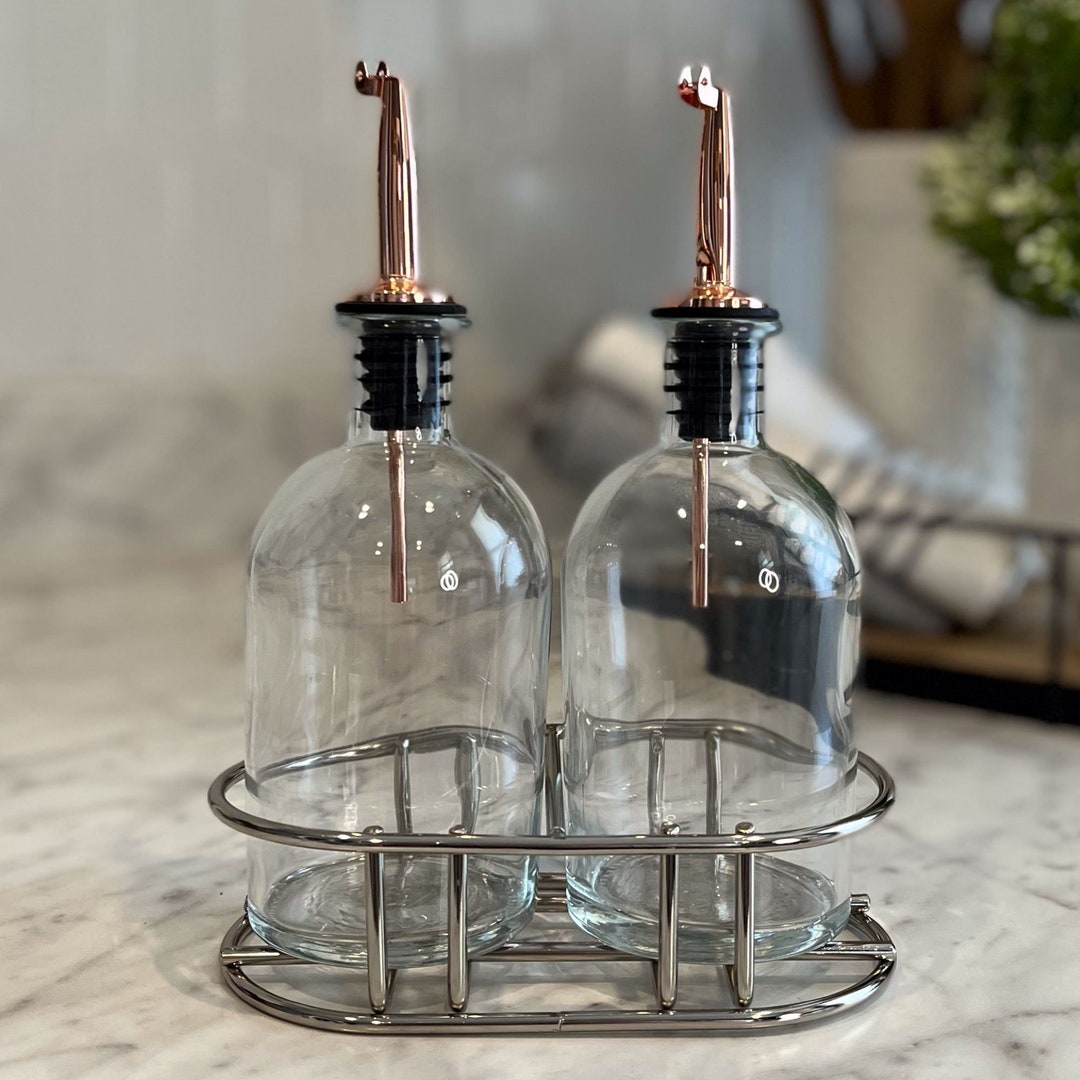 Clear Cruet Set With Chrome Holder | Apothecary Glass Oil & Vinegar Set ...