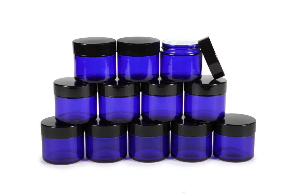 8 Oz. COBALT BLUE GLASS Jar Straight Sided With Black Plastic | Etsy