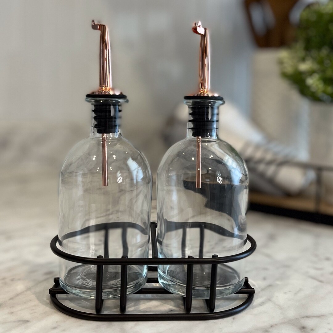 Clear Cruet Set With Black Holder | Apothecary Glass Oil & Vinegar Set ...