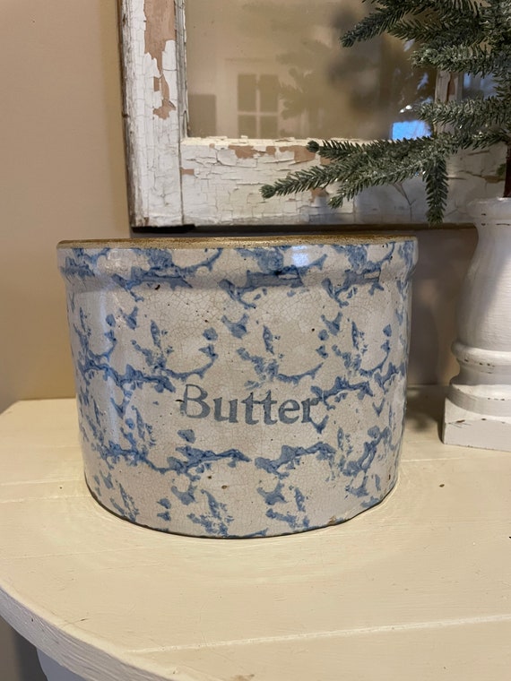 Vintage Blue Spongeware Butter Crock | Etsy