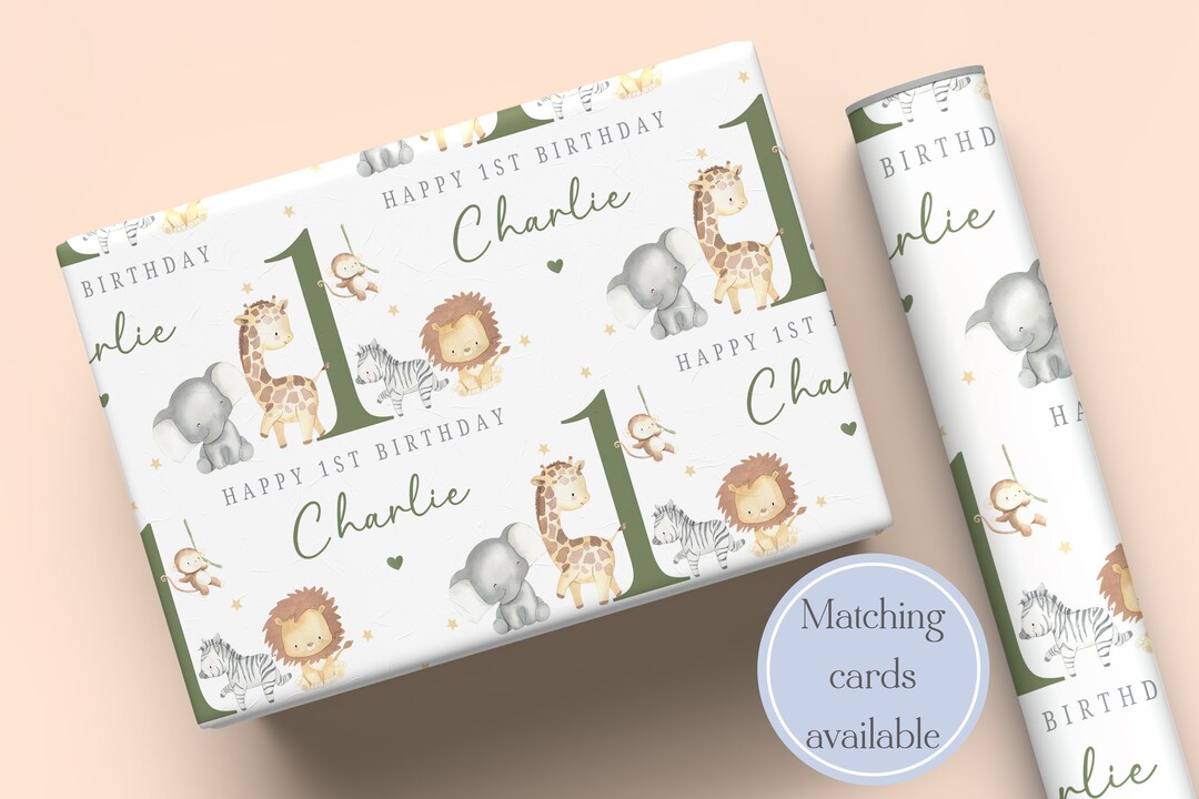 Personalised Safari Animals Happy First Birthday Wrapping Paper 1st ...