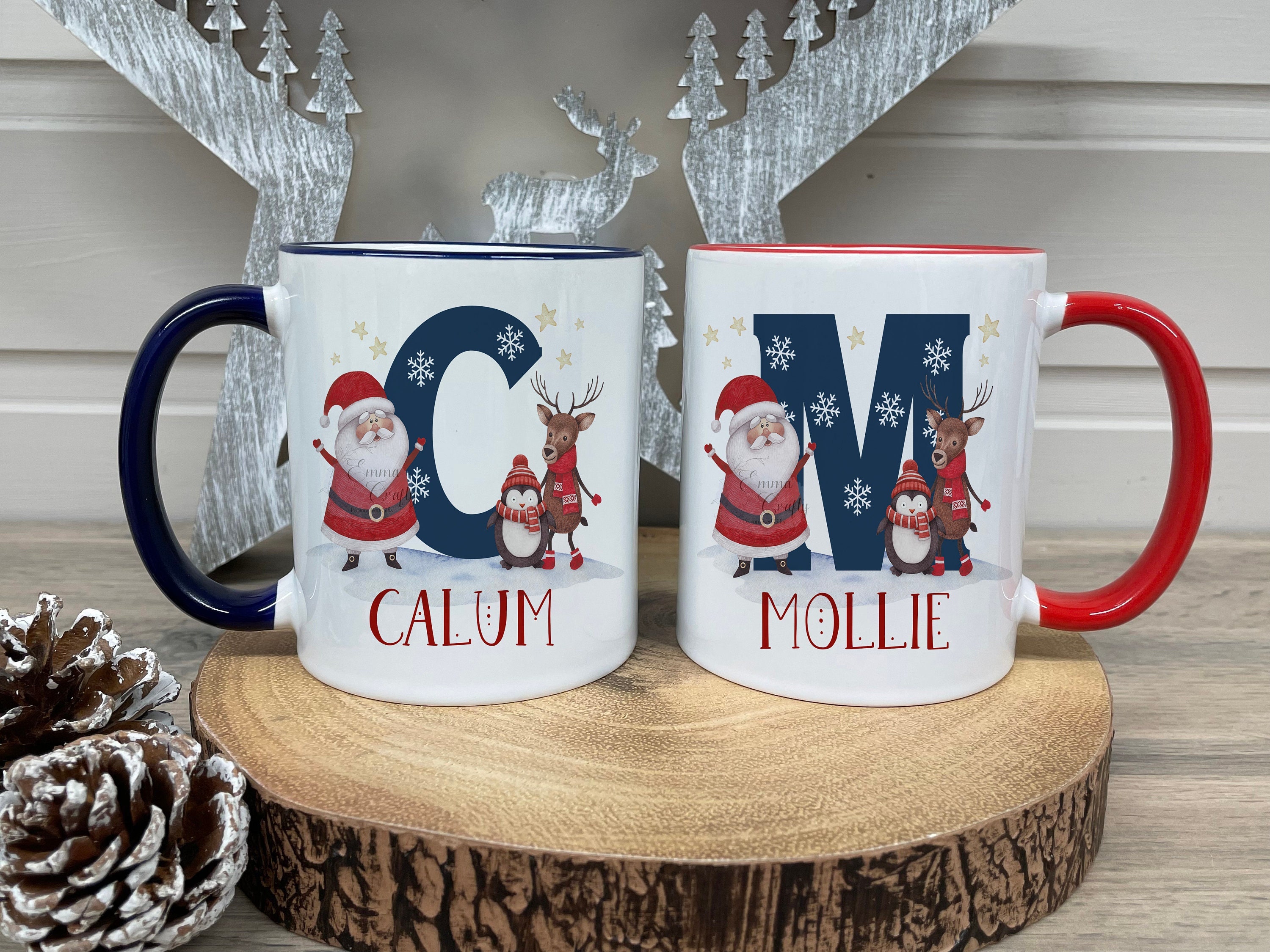 Personalised Christmas Mug Red Navy Santa Reindeer Mug - Etsy UK