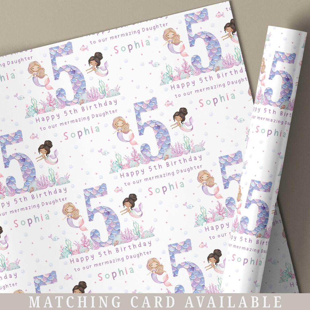 Girl's Happy Birthday Gift Wrapping Paper, Personalised Mermaids 3rd ...