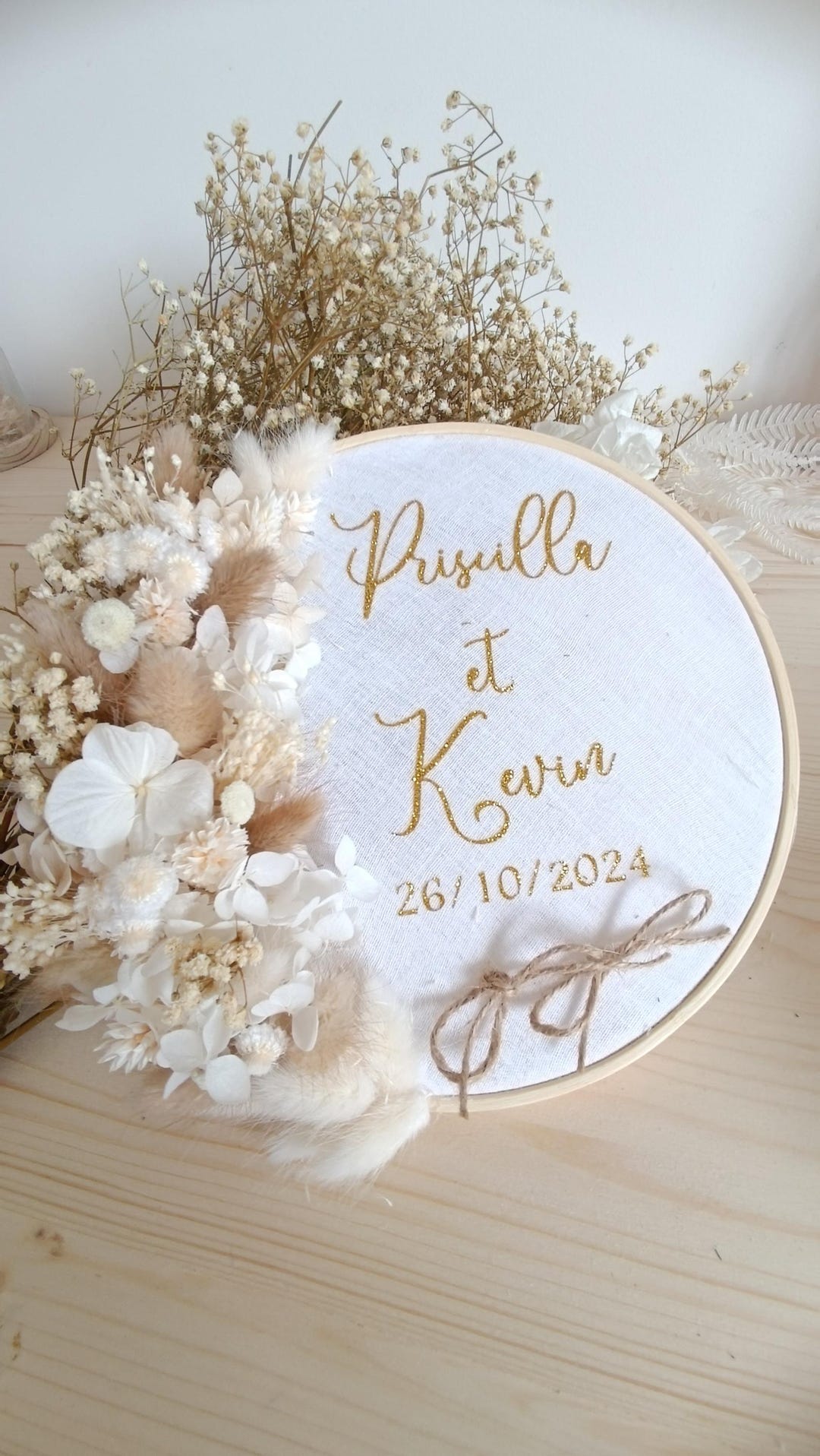 Personalized Wedding Ring Holder in Beige and White Dried Flowers ...