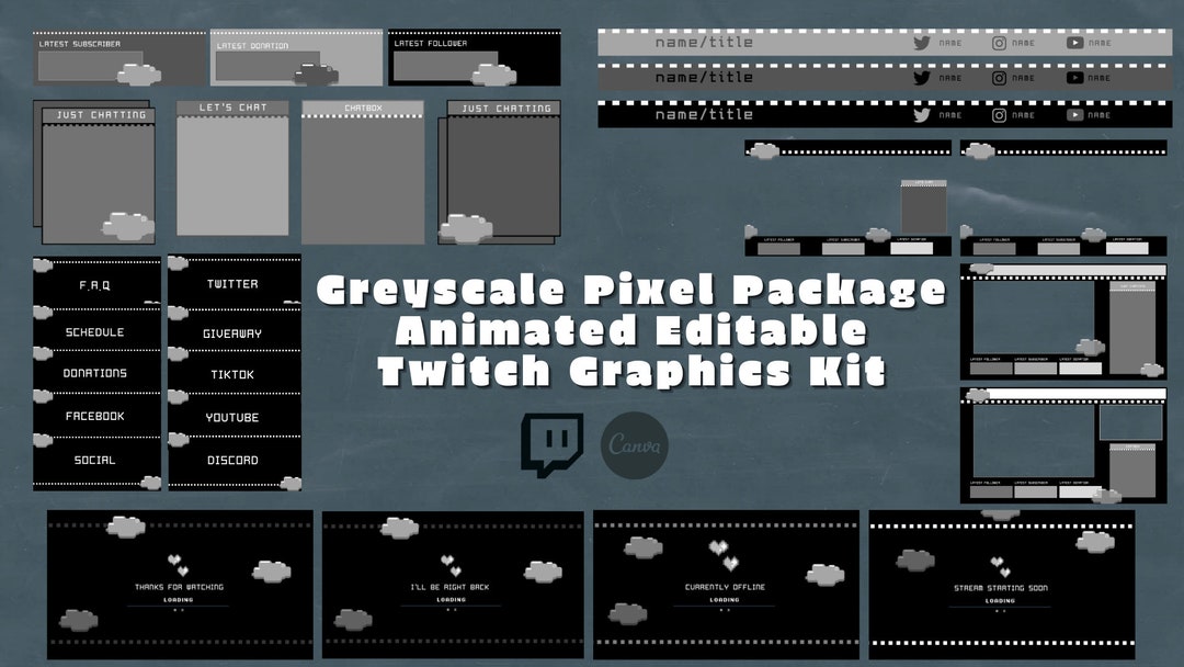 Greyscale Pixel Streaming Graphics Kit Editable Canva Template - Etsy