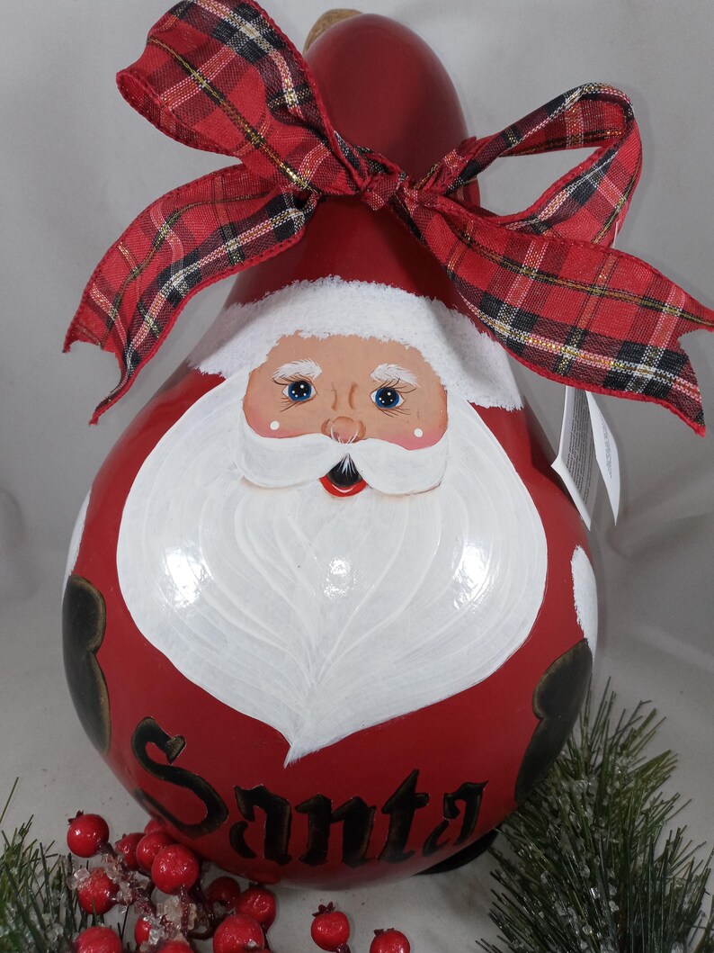 Hand Painted Santa Gourd With Plaid Ribbon - Etsy