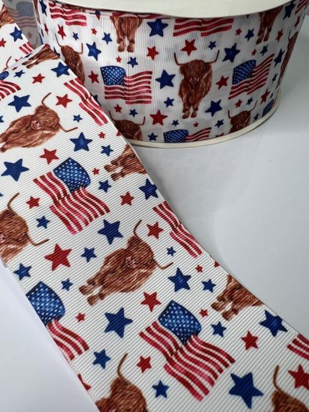 Three Inch Patriotic Highland Cow Ribbon | USA Flag Grosgrain | 4th of ...