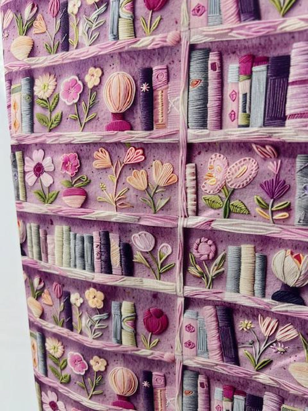 Floral Bookshelf Cotton Fabric: Faux Embroidery Quilting Material-will ...