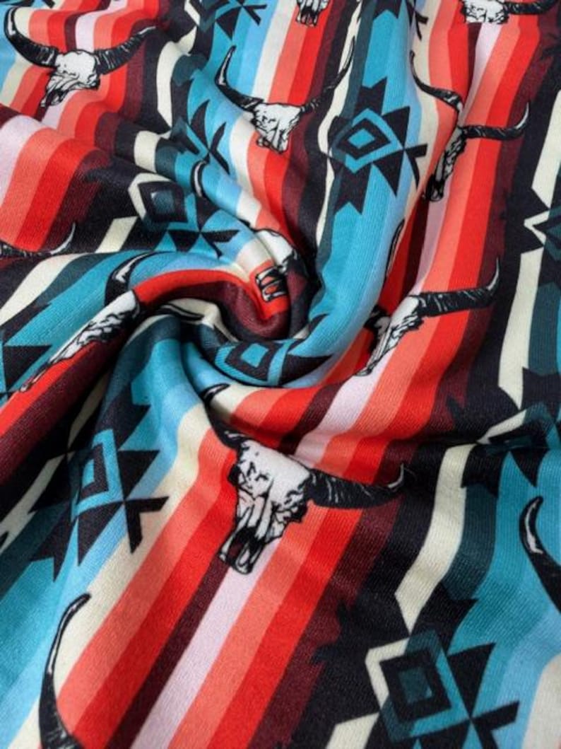 Longhorn Skull Aztec DBP Knit Fabric, Western Skull Serape Fabric ...