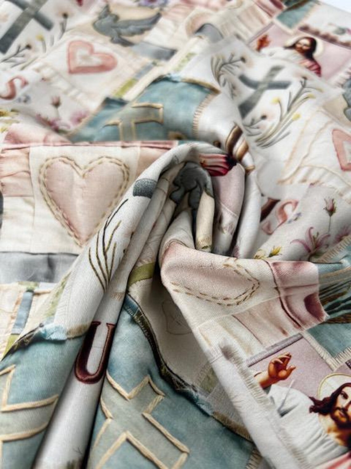 Faith-inspired Quilt Fabric - Christian Symbols & Floral Blocks - Wide ...