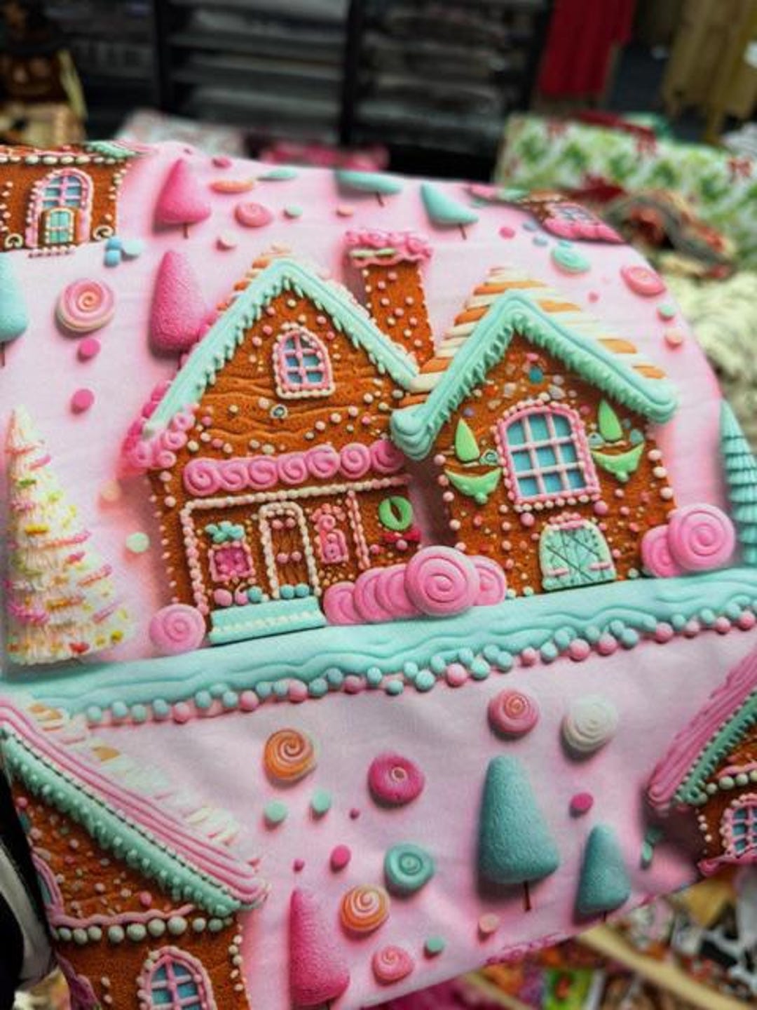Pink Gingerbread Village DBP Fabric, Super Soft & Stretchy Knit Fabric ...