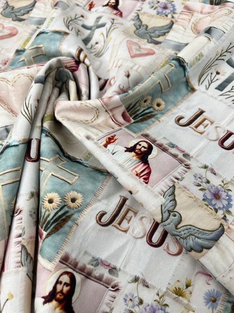 Faith-inspired Quilt Fabric - Christian Symbols & Floral Blocks - Wide ...
