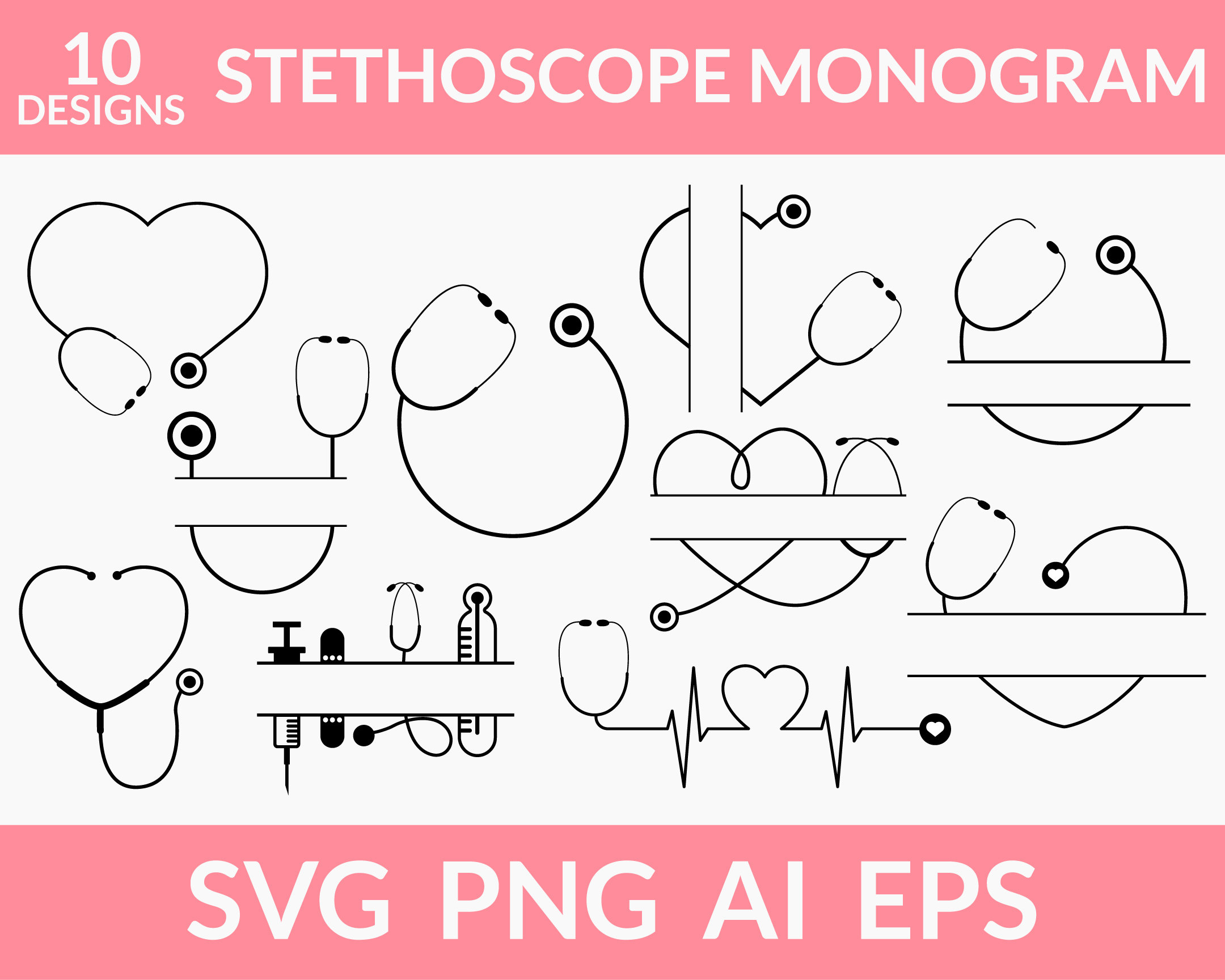 Stethoscope Split Monogram Svg Bundle, Nurse Svg Bundle, Stethoscope ...