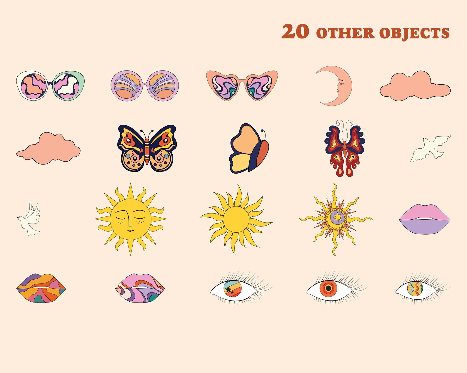 Retro 70s Graphic Elements, Hippie Digital Clipart Retro Set 70’s ...