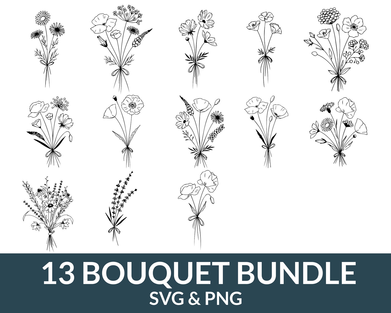 Bouquet Svg Png Bundle, Flowers Svg Png, Hand Drawn Wildflowers Svg ...