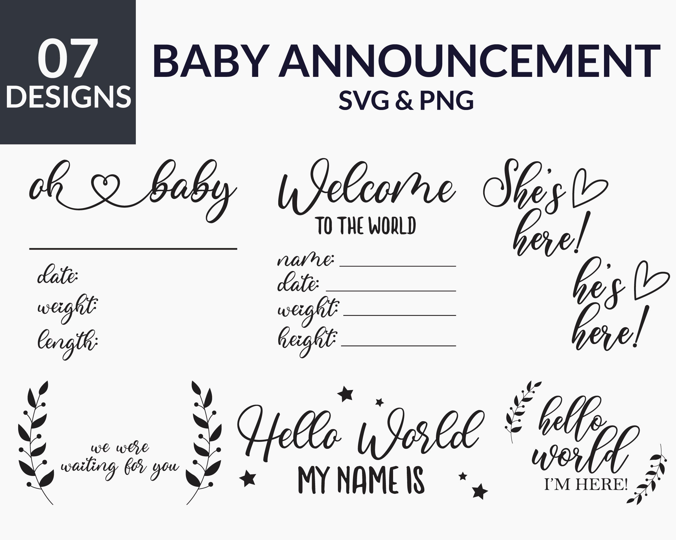 Baby Announcement Sign Svg Bundle, Baby Milestone Svg, Birth Stats Svg ...
