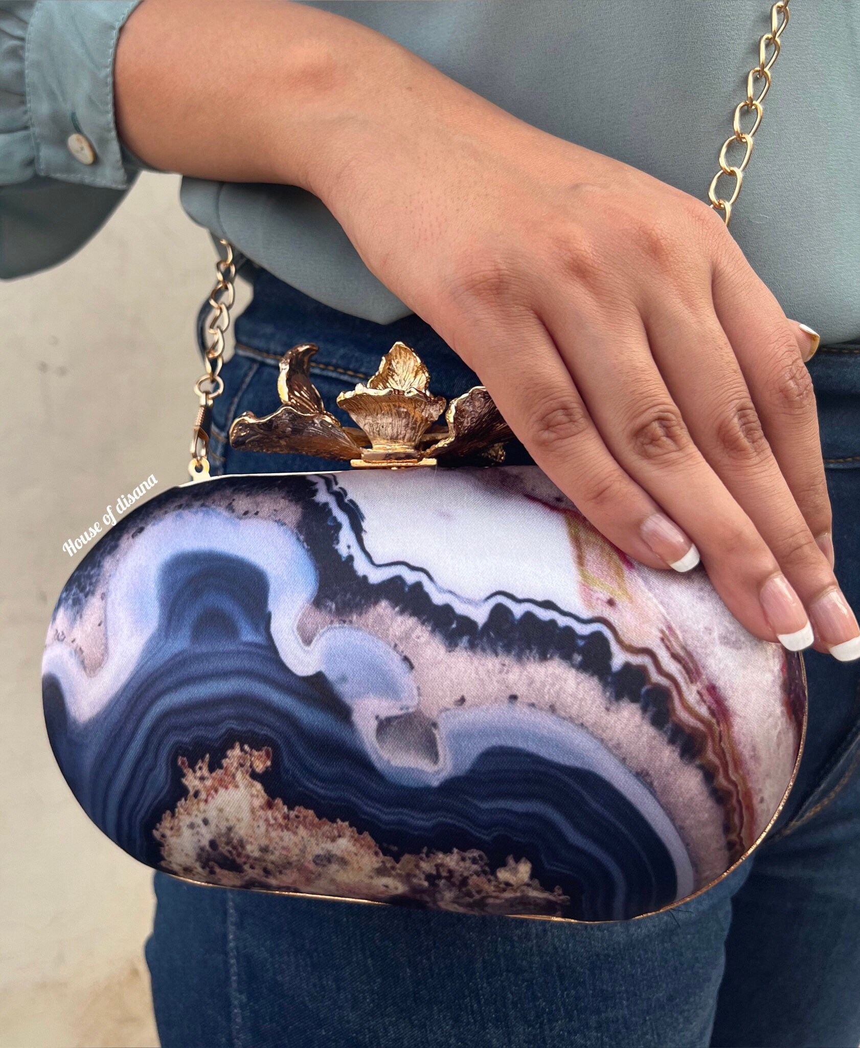 Blue Agate Print Clutch: Handmade Evening Bag With Flower Clasp - Etsy