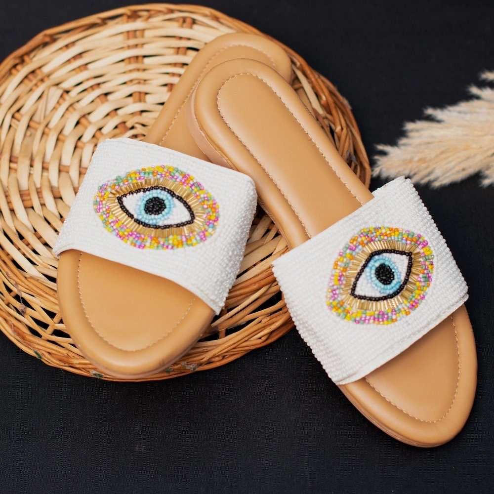 Evil Eye Sliders,hand Embroidered Women Sliders,handmade Sliders,bride ...
