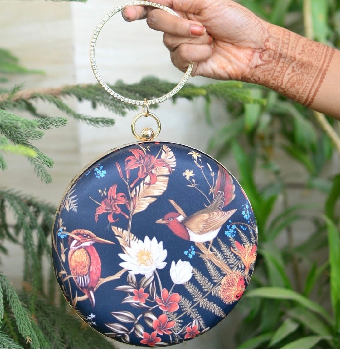 Floral Print Round Bag | Tribal Bird Figurine Clutch With Sling ...