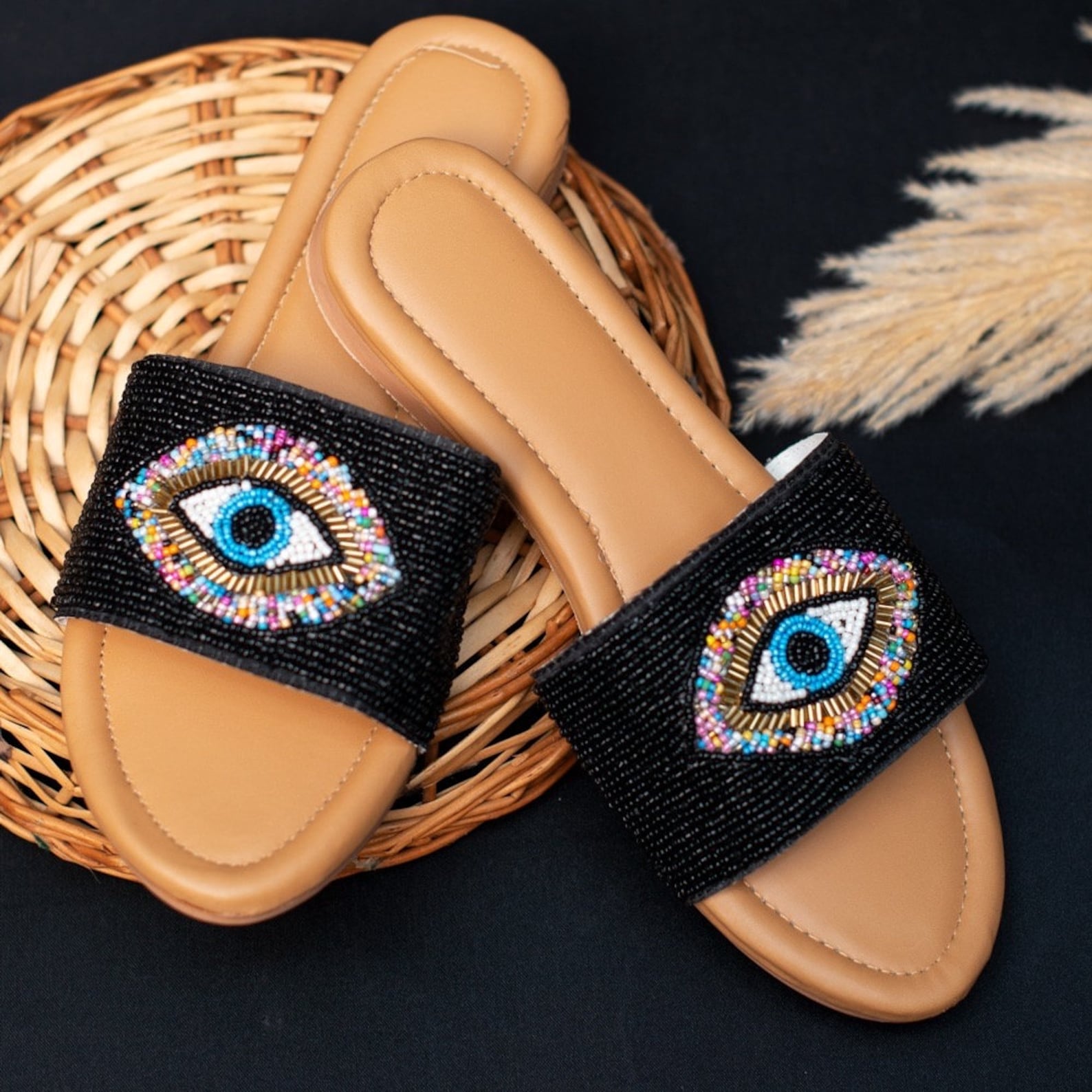 Evil Eye Sliders,hand Embroidered Women Sliders,handmade Sliders,bride ...