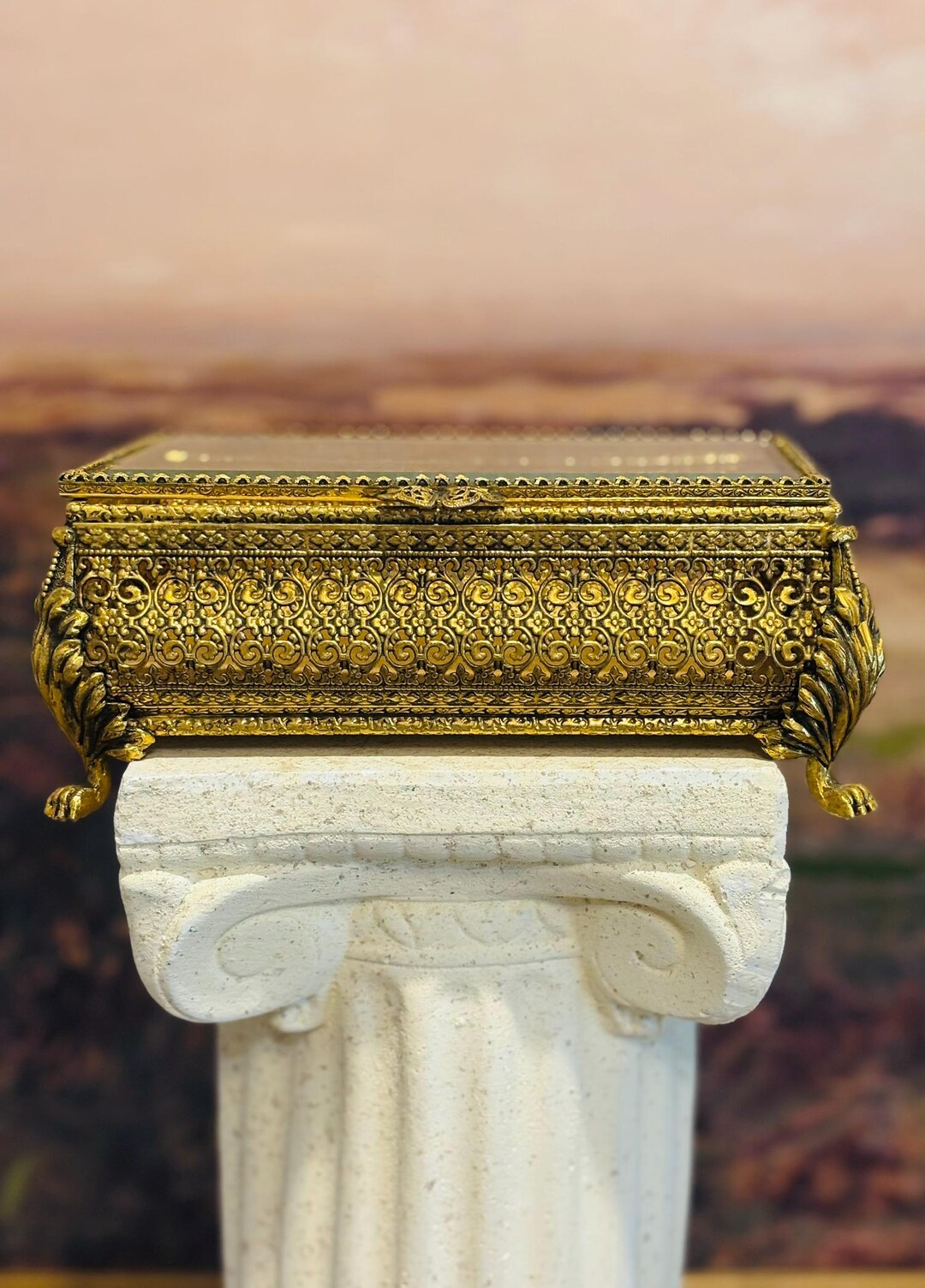 Brass and Glass Jewelry Casket | Antique Gold Glass Casket | Jewelry ...