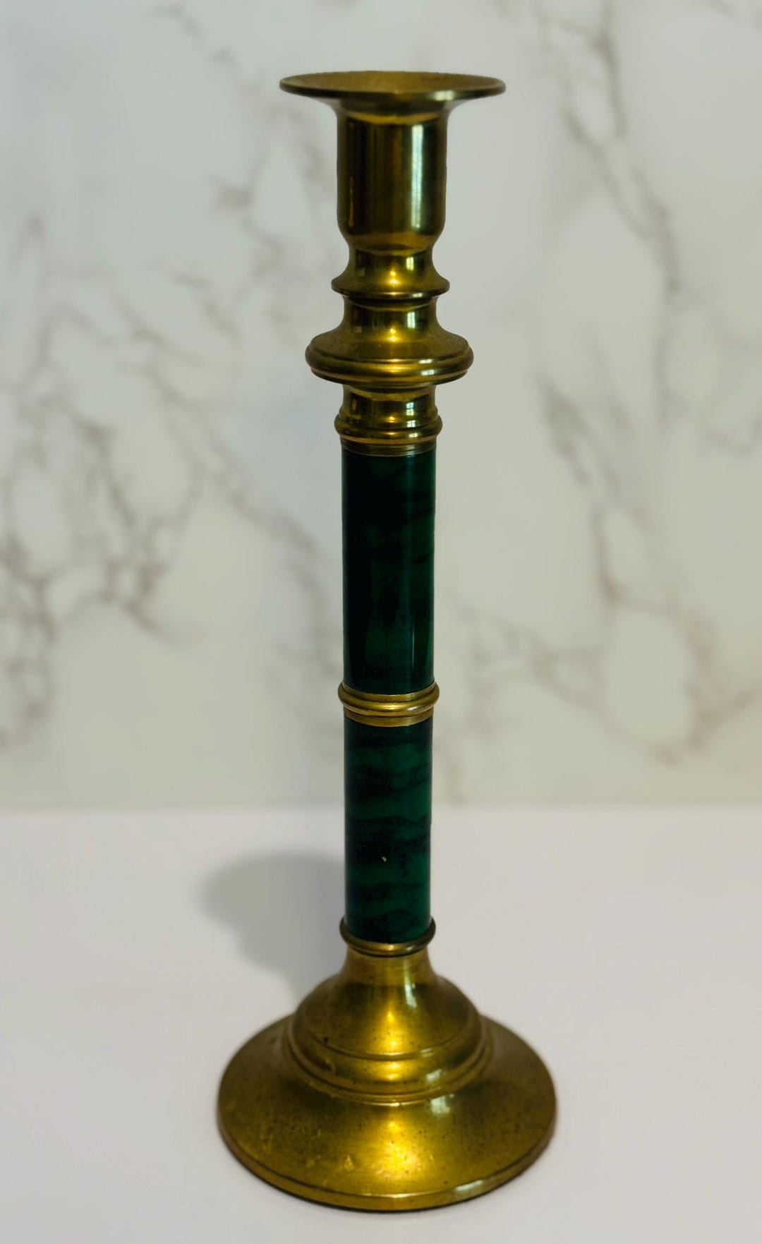 Vintage Faux Malacite and Brass Candlestick| Vintage Brass Decor ...