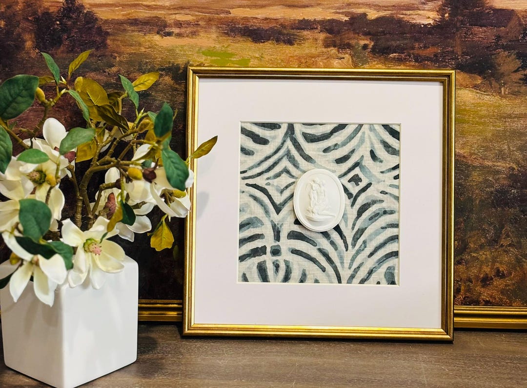 Pair of Blue & White Coastal Intaglio Art • Gold Frame Set • Classical ...
