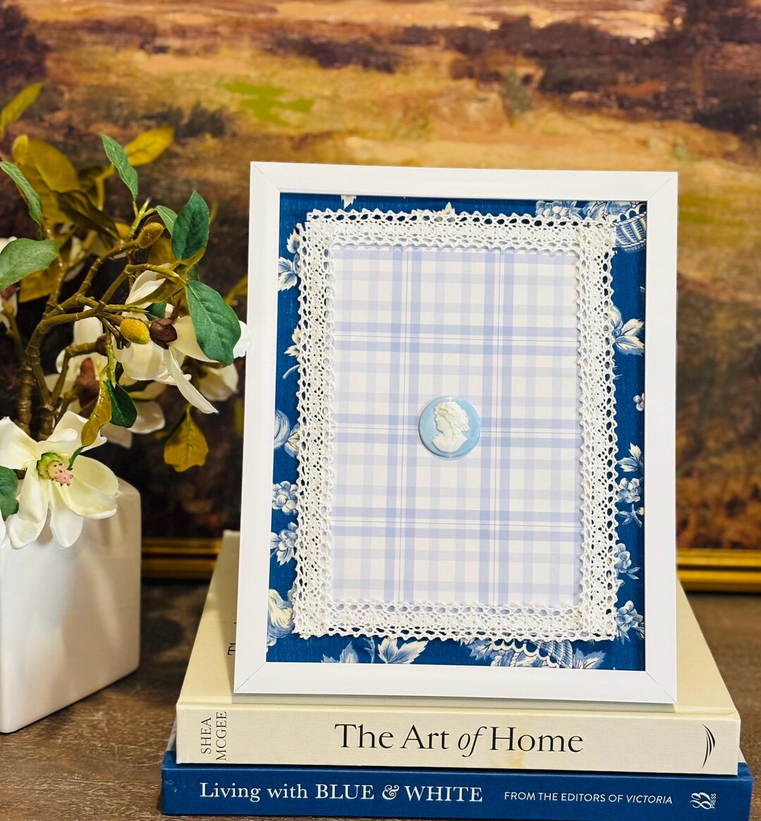 Petite Heirloom Blue Doily Intaglio Art • White Cameo on Gingham ...