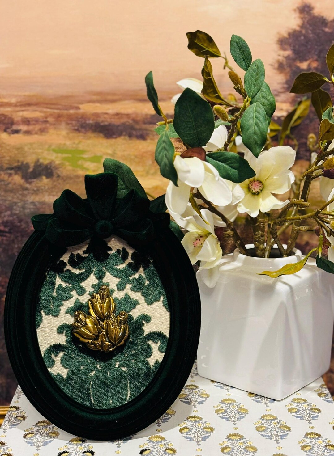 Velvet Framed Petite Heirloom Wall Art • Green Velvet Frame • Vintage ...