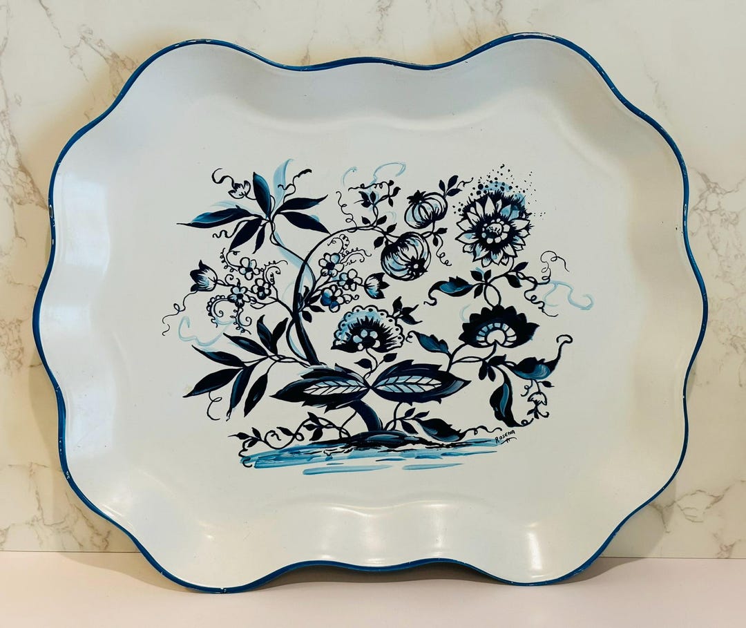 Hand Painted Blue and White Tole Metal Tray | Serving Tray ...