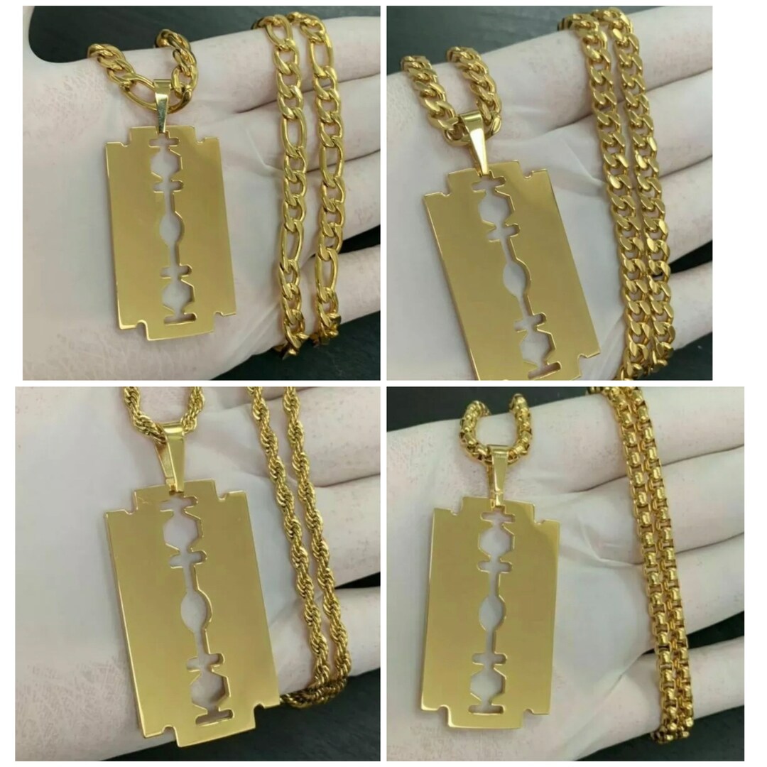 Men’s Women’s Gold Razor Blade Chain Necklace Cuban Chain Figaro ...