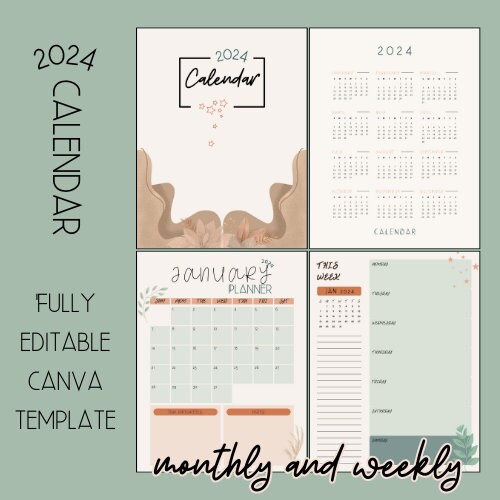 2024 Natural Boho Calendar Canva Template Monthly and Weekly Fully ...
