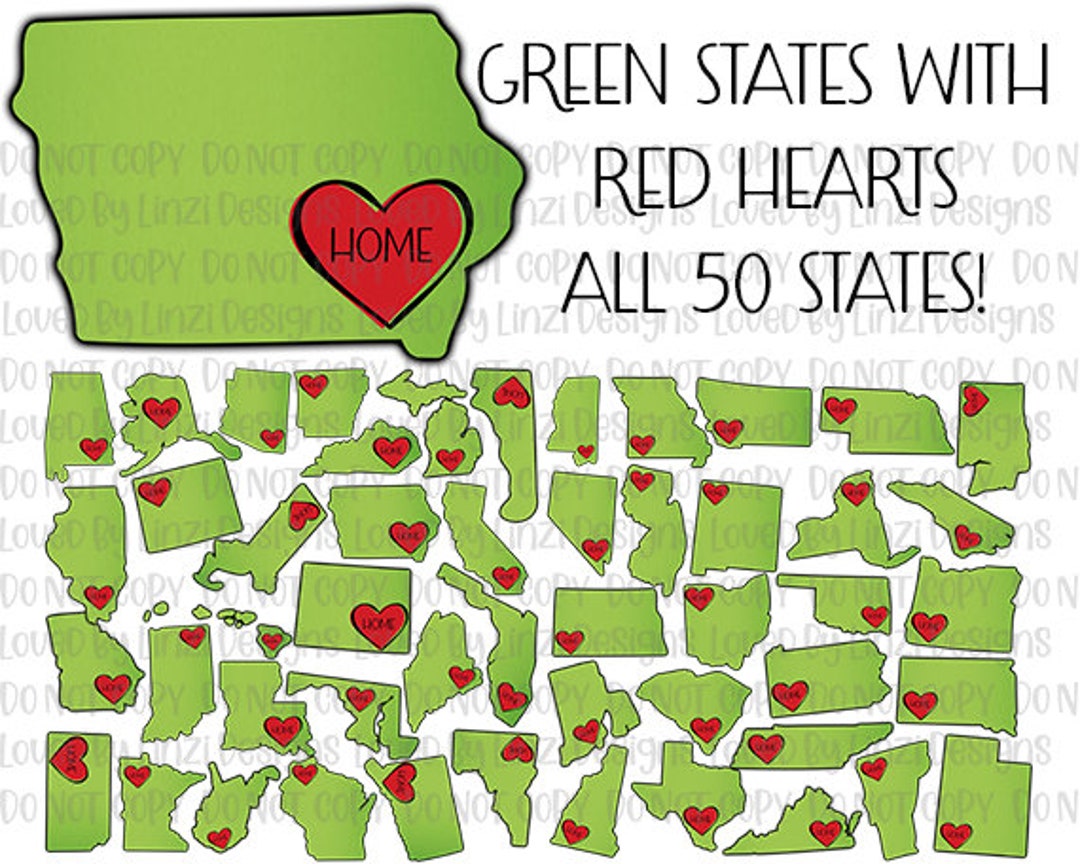 All 50 States PNG Green States With Red Hearts PNG Christmas Gifts Home ...