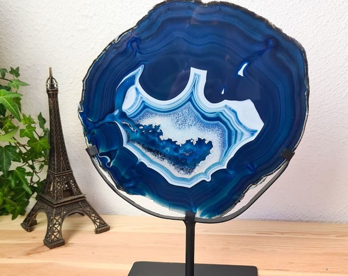 Large Blue Agate Slice - Agate Slab on Stand - Blue Crystal With Stand ...
