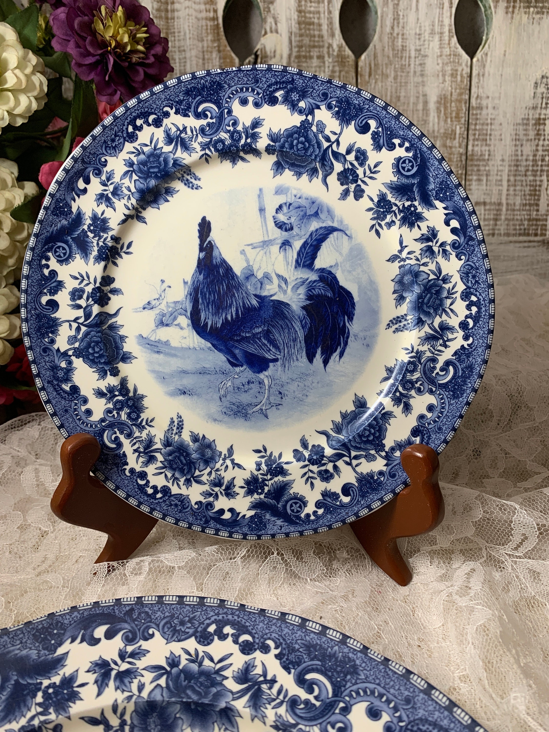 Vintage Blue Rooster Farmyard Blue Transferware Salad Plate Blue and ...