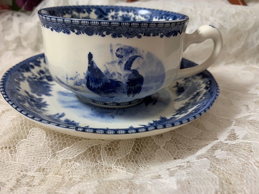 Vintage Blue Rooster Farmyard Blue Transferware Cup and Saucer Set Blue ...