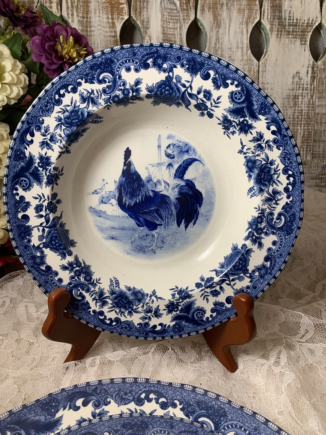 Vintage Blue Rooster Farmyard Blue Transferware Rimmed Pasta Bowls Blue ...