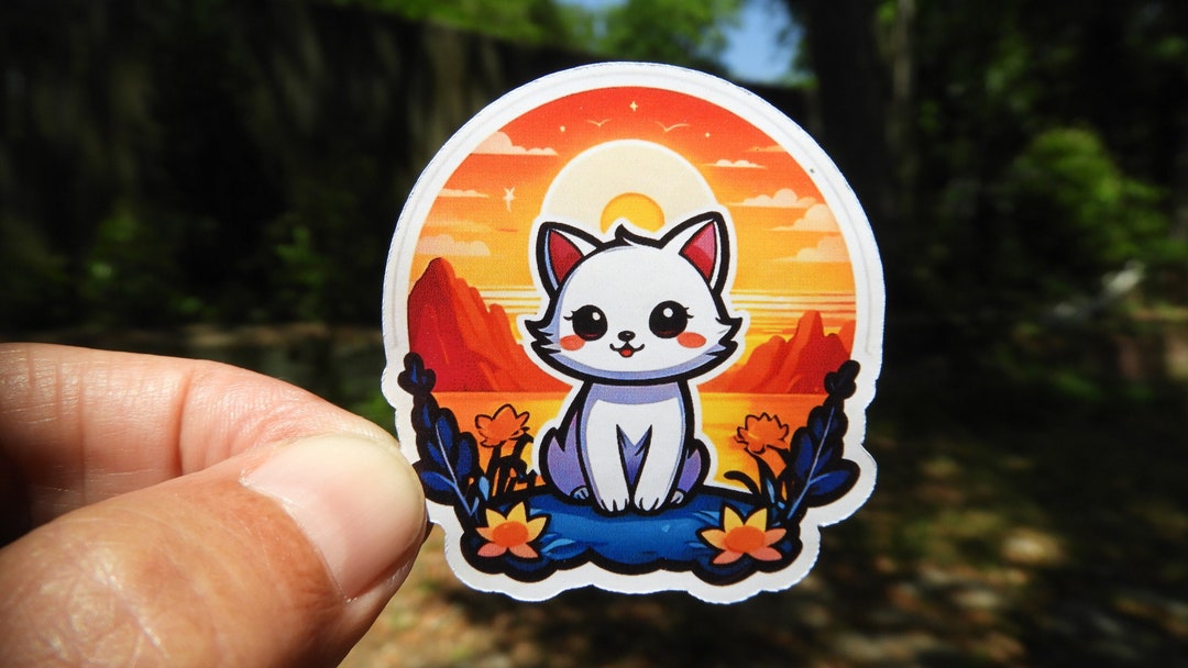 2 Sticker VINYL White Cat Sunset STICKER Water Resistant Vinyl 2 Inches ...