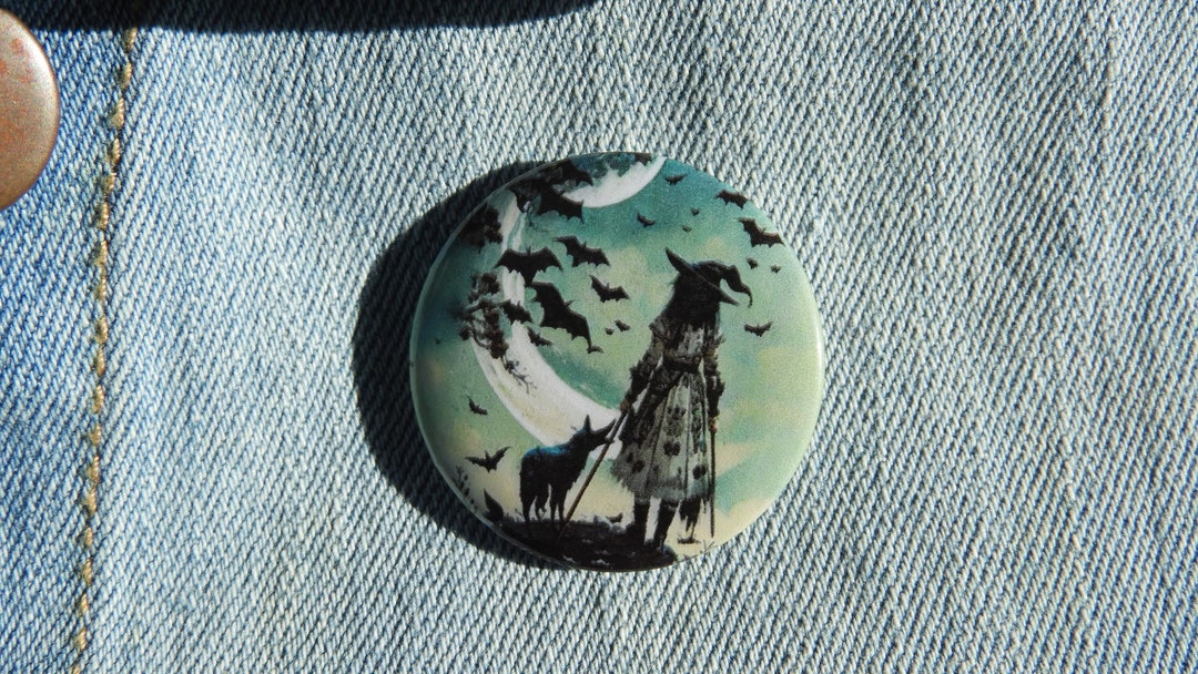 1.25 BUTTON Witch and Wolf With Bats and Moon PIN Flair, Retro Button ...