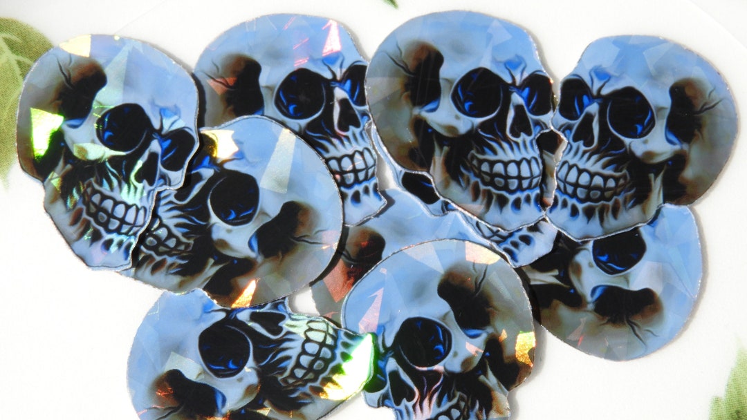 Pack or 10 1 Mini Facing Skull HOLOGRAPHIC STICKERS Mini Skulls Water ...