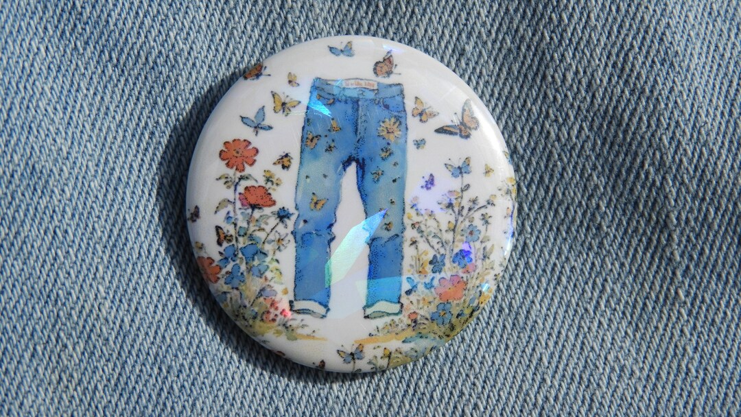 1.25 Holographic BUTTON Blue Jeans PIN Flair, Retro Badge Button Pin ...